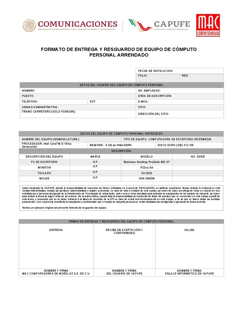FORMATO DE ENTREGA Y RESGUARDO DE EQUIPO DE CÓMPUTO v3 | PDF | Computadora de escritorio ...