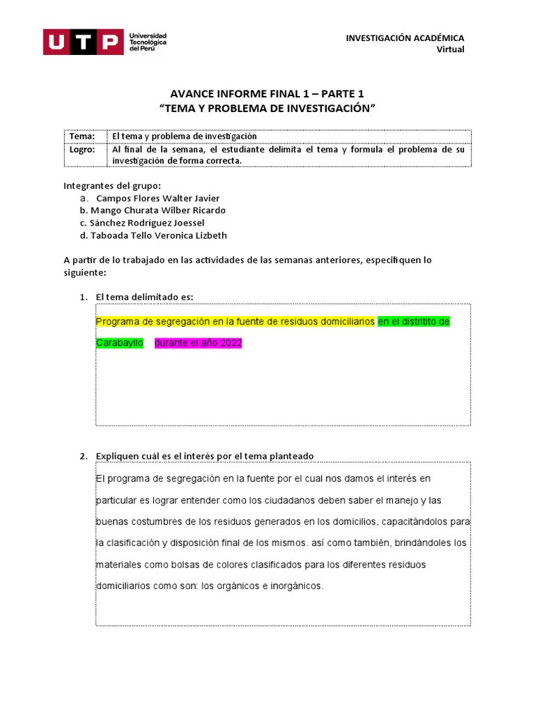 Semana 03 - Avance de Informe Final 1 - Parte 1 - Tema y Problema de Investigación | PDF