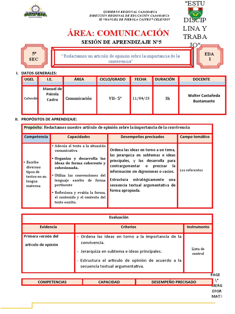 5° Sesión de Aprendizaje Sesión5-Sem.3-Exp.1 | PDF | Aprendizaje | Ciencia cognitiva