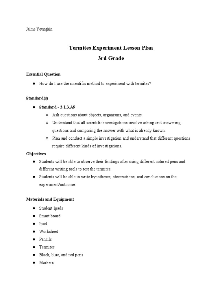 Termite Experiment Lesson Plan | PDF | Experiment | Scientific Method