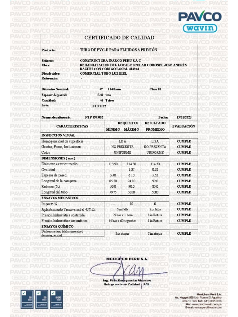 Certificado de Calidad Pavco | PDF | Presión | Tecnologías de gas