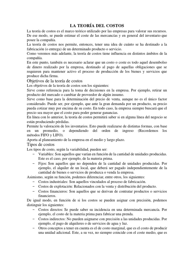 Teoría de Costos y Producción Empresarial | PDF | Costo | Costo marginal