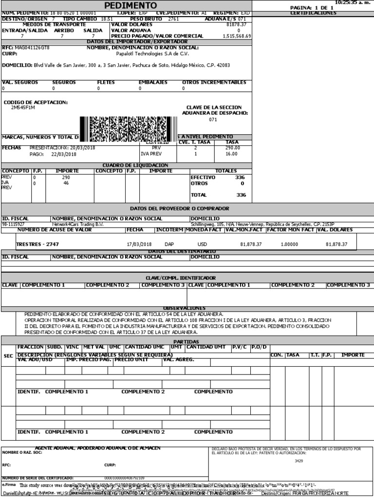 Pedimento Consolidado de Exportacion RT 2019 Con Cove o Facturas PDF ...
