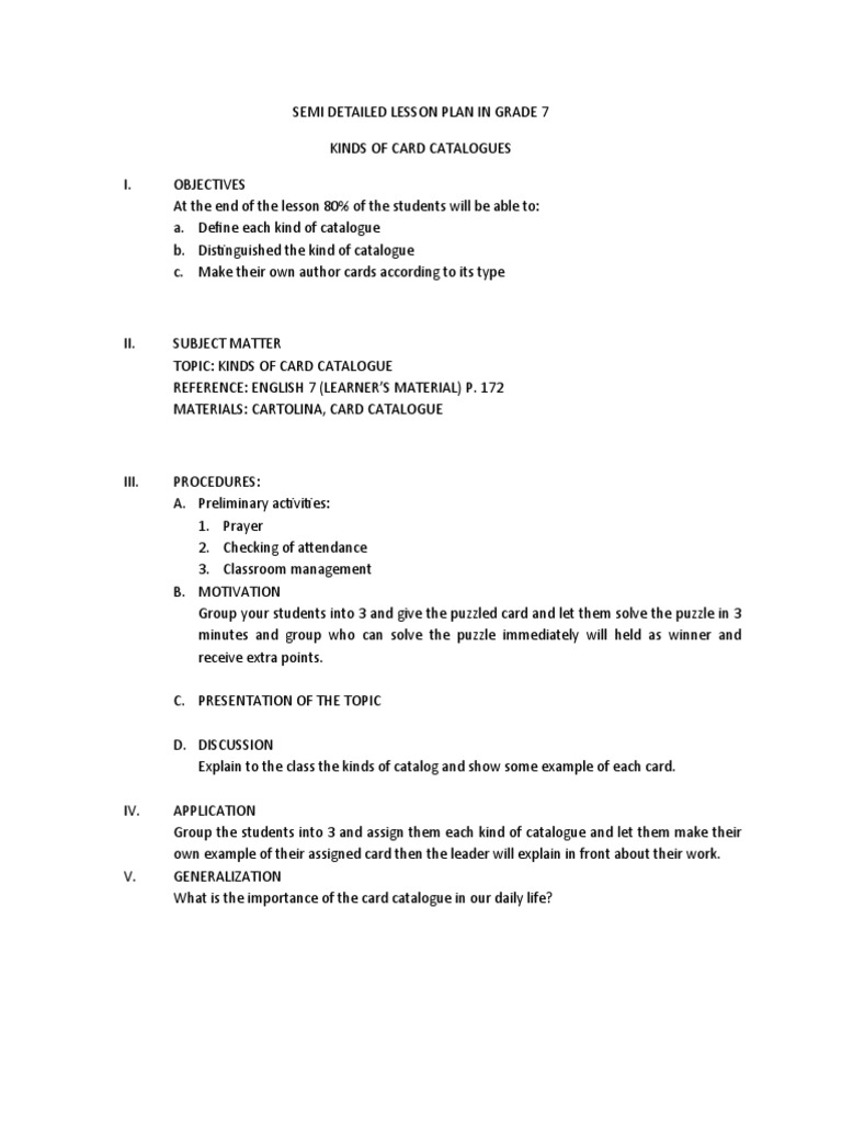 Grade 7 Card Catalog Lesson Plan | PDF | Foreign Language Studies ...