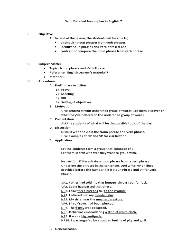Noun Phrase and Verb Phrase Semi Detailed Lesson Plan | PDF | Phrase | Verb