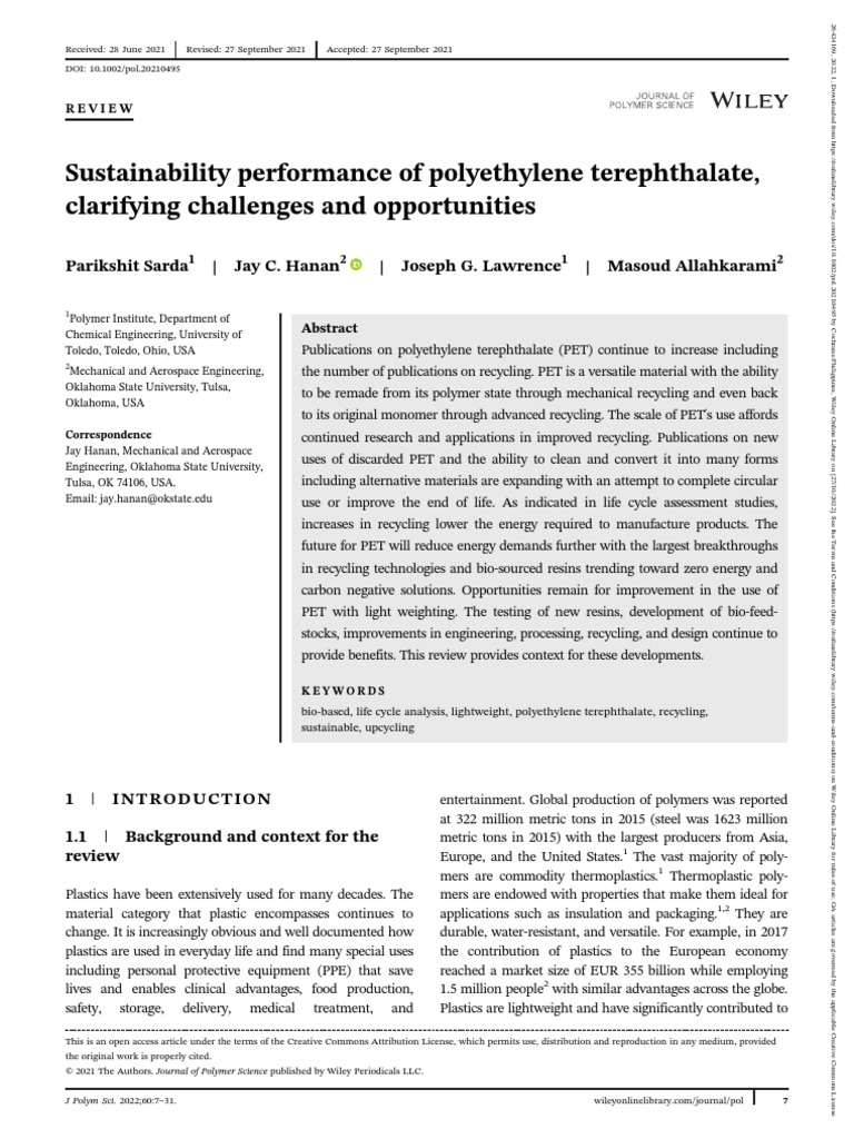 Journal of Polymer Science - 2021 - Sarda - Sustainability Performance of Polyethylene ...