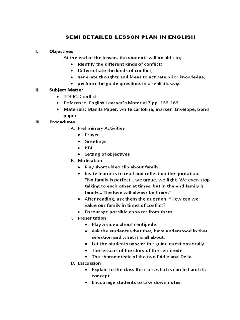 Conflict Semi Detailed Lesson Plan | PDF | Learning | Cognition