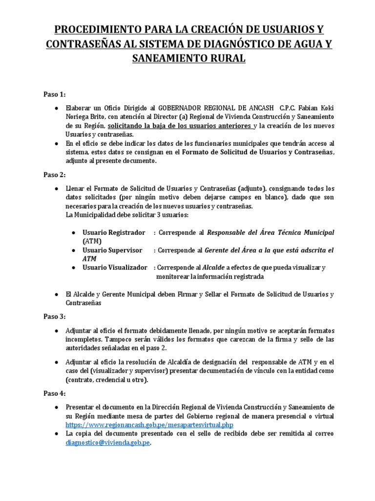 Procedimiento Para La Creación De Usuarios Y Contraseñas A Datass Pdf