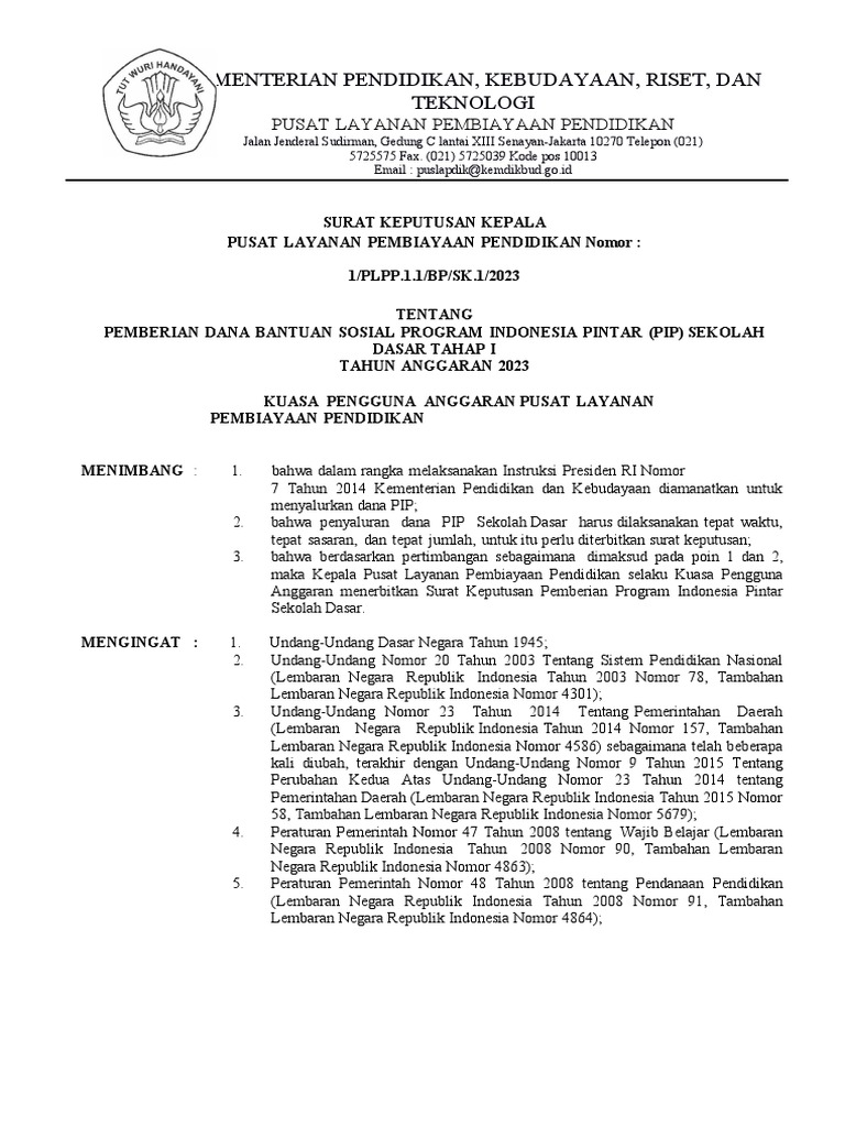 SK PIP SD TAHAP 1 TAHUN 2023 | PDF