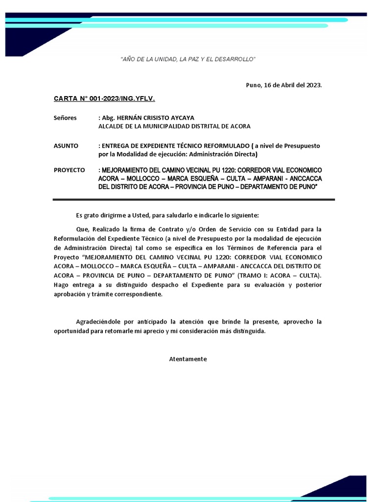 Carta Presentacion de Expediente Tecnico | PDF