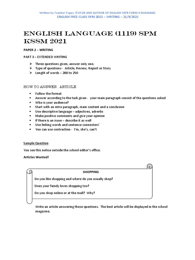 English Language (1119) SPM KSSM 2021: Paper 2 - Writing | PDF ...