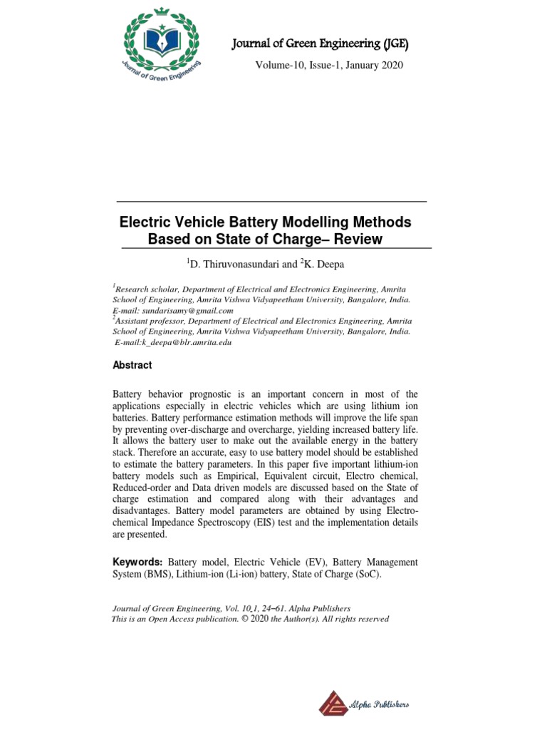 Electric Vehicle Battery Modelling Methods Based On State of Charge - Review | Download Free PDF ...
