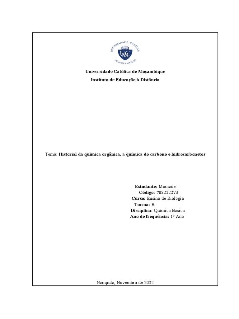 Trabalho_de_Campo_II_de_Quimica_Basica_-_Momade_UCM_2022[1] | PDF | Alcano | Carbono