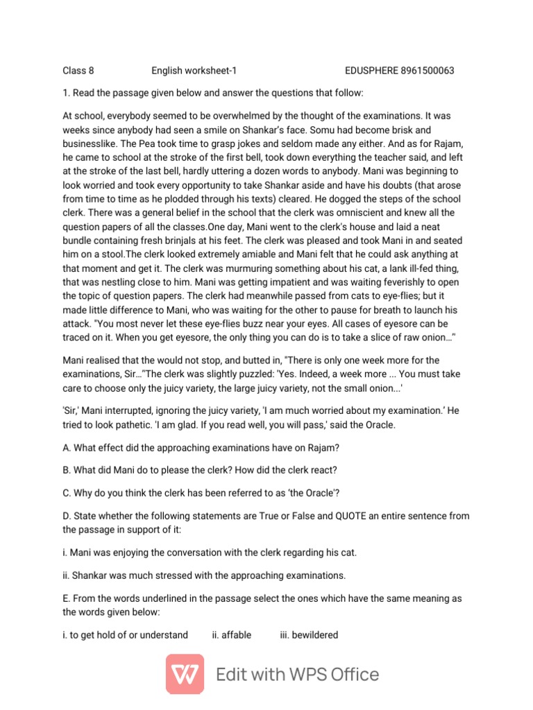 Class 8-English Worksheet | PDF | Language Arts & Discipline | Home ...