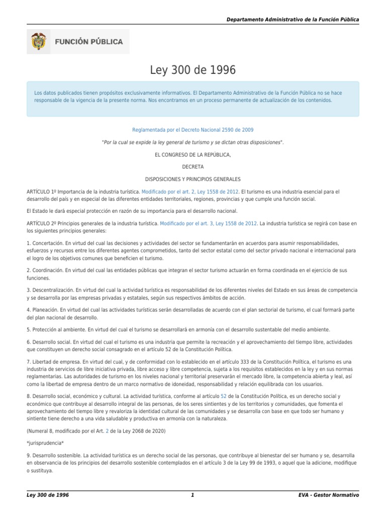 Ley 300 de 1996: Reglamentada Por El Decreto Nacional 2590 de 2009 ...