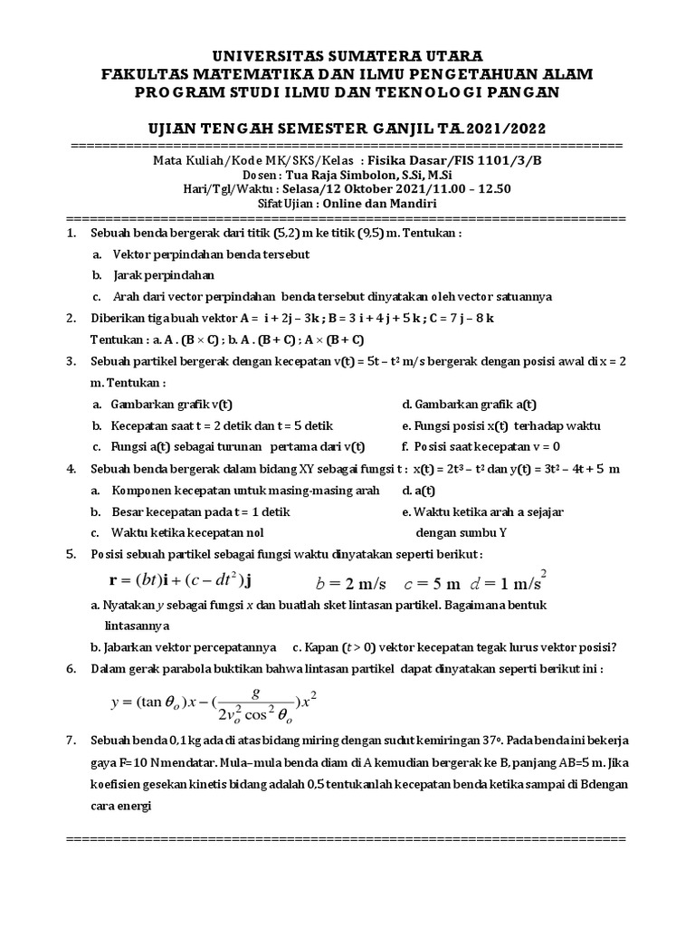 Naskah Soal UTS Fisika Dasar Sem - Ganjil TA.2021-2022 | PDF