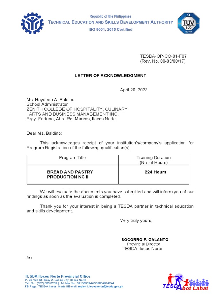Letter of Acknowledgment: TESDA Ilocos Norte Provincial Office | PDF