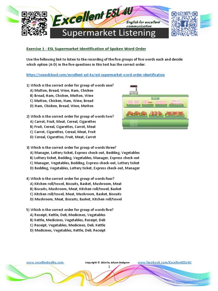 ESL Supermarket Listening Worksheet | PDF | Language Arts & Discipline