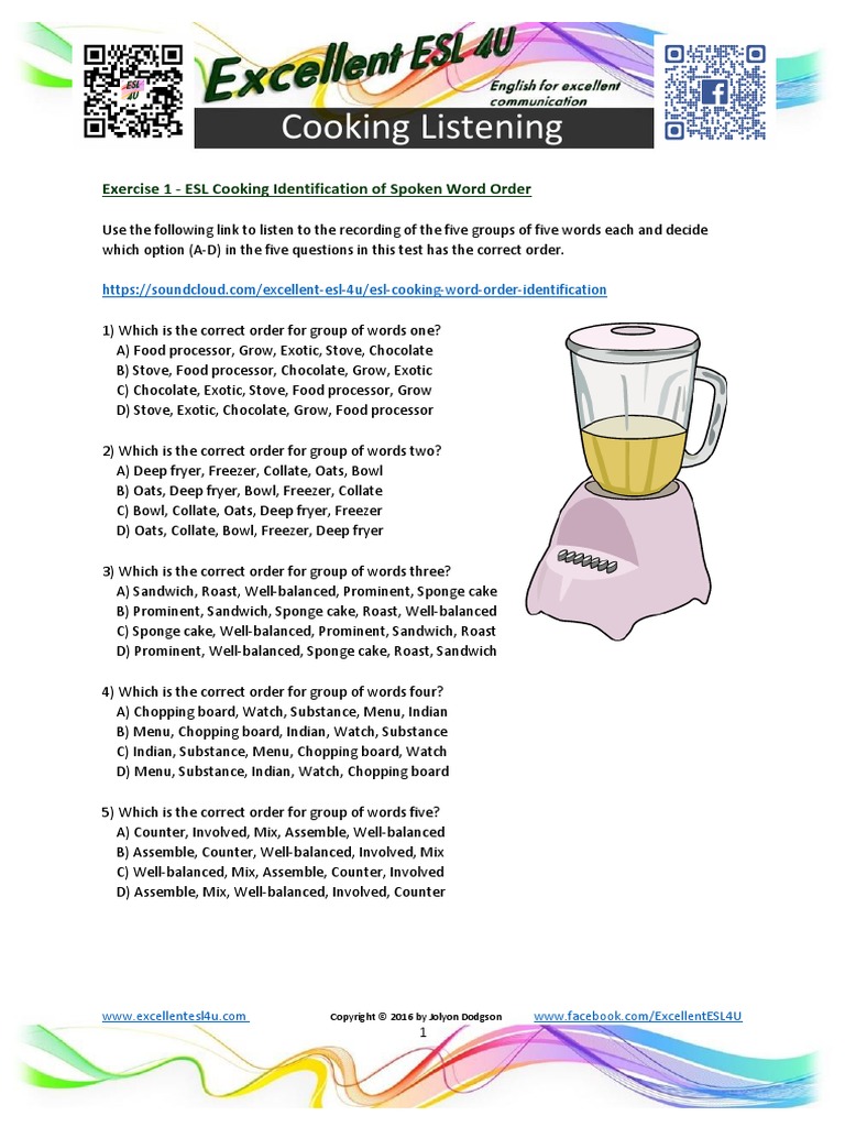 ESL Cooking Listening Worksheet | Download Free PDF | Cakes | Meal