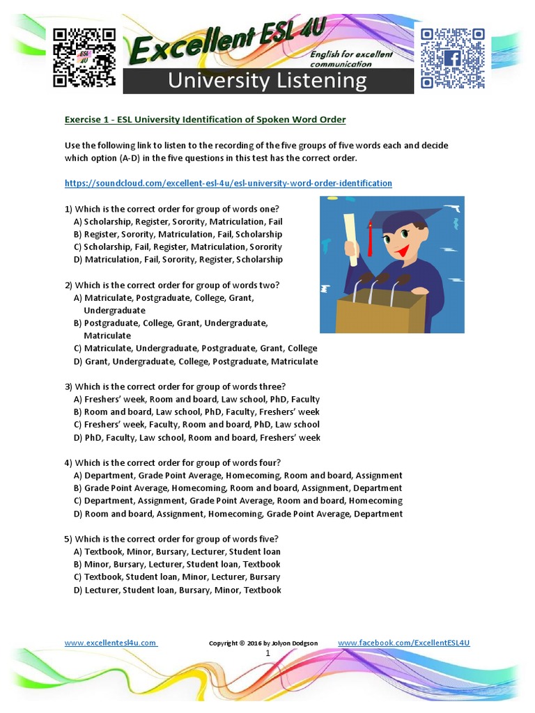 ESL University Listening Worksheet | PDF | Postgraduate Education ...