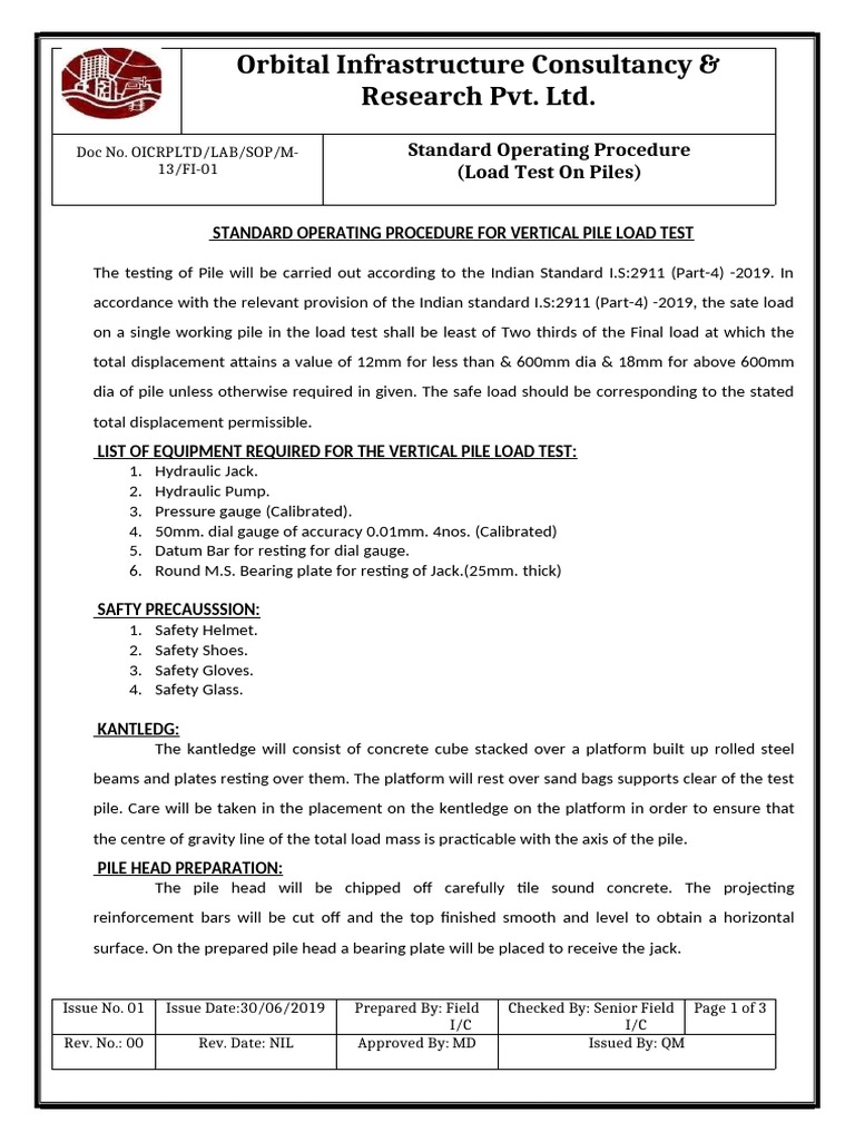 Vertical Pile Load Test SOP | PDF | Deep Foundation | Concrete