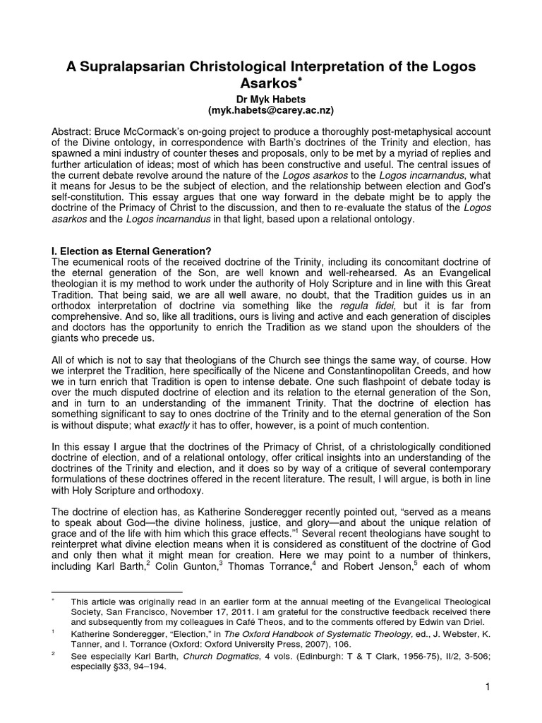 A Supralapsarian Christological Interpre | PDF | Trinity | Karl Barth