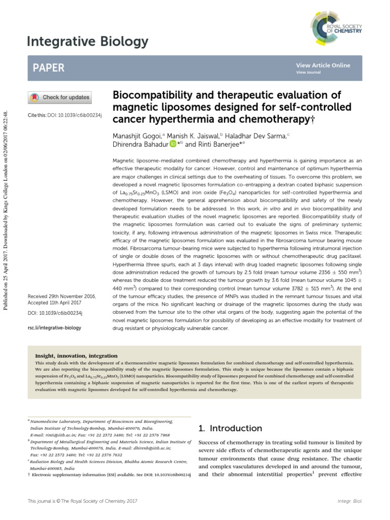 IB - Biocompatibility and Therapeutic Evaluation of Magnetic Liposomes ...