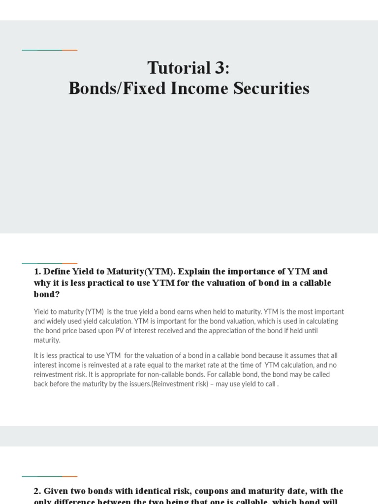 Tutorial 3: Bonds/Fixed Income Securities | PDF | Bonds (Finance) | Yield (Finance)