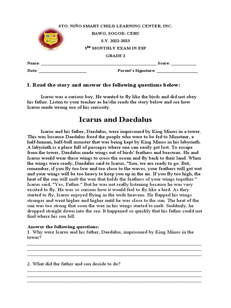 Icarus and Daedalus: I. Read The Story and Answer The Following ...