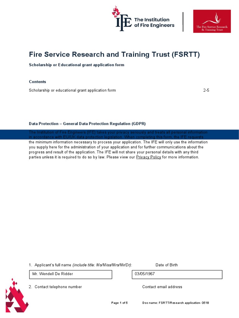 976 Fire Service Research and Training Trust (FSRTT) Application Form | PDF | Business