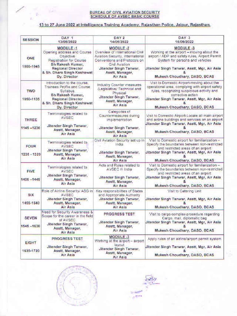 SCHEDULE OF AVSEC BASIC COURSE 13 To 27 June 2022 at Jaipur | PDF