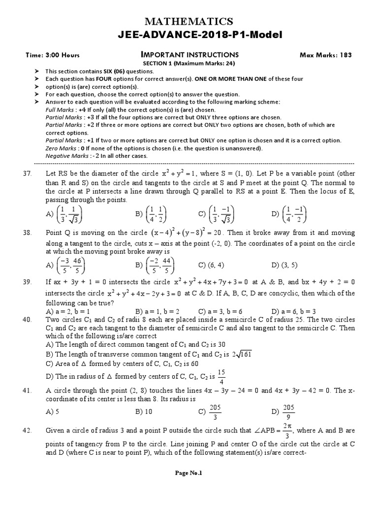Mathematics: JEE-ADVANCE-2018-P1-Model I | PDF
