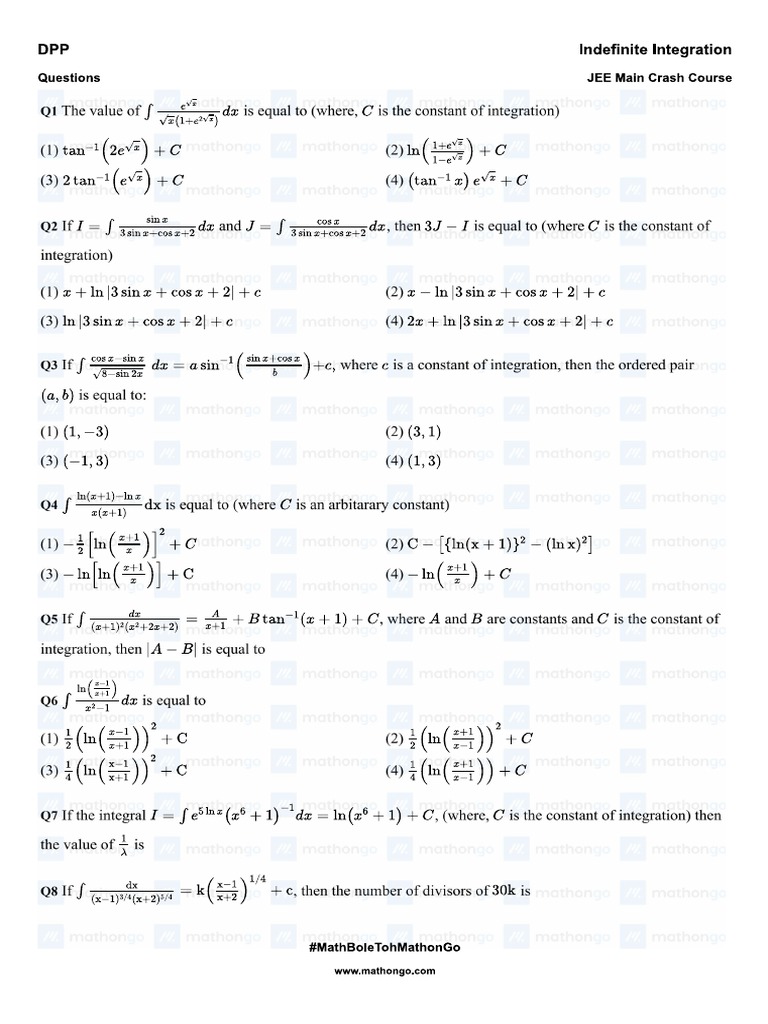 Indefinite Integration Questions | PDF