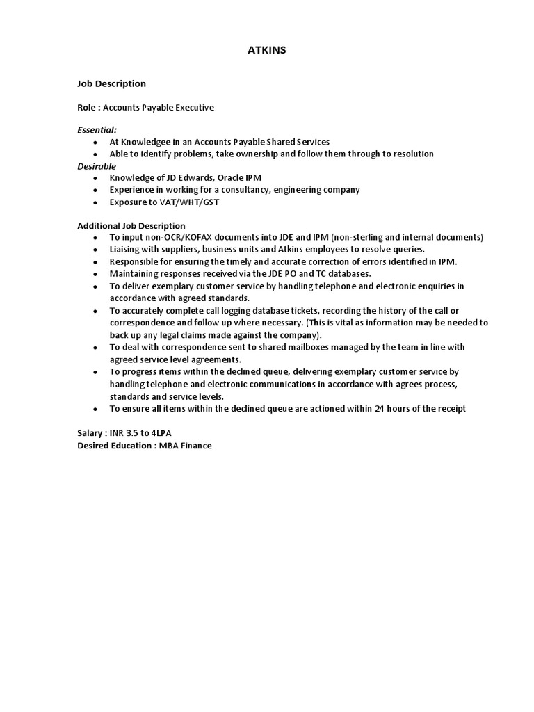 JD Accounts Payable Executive Atkins | PDF