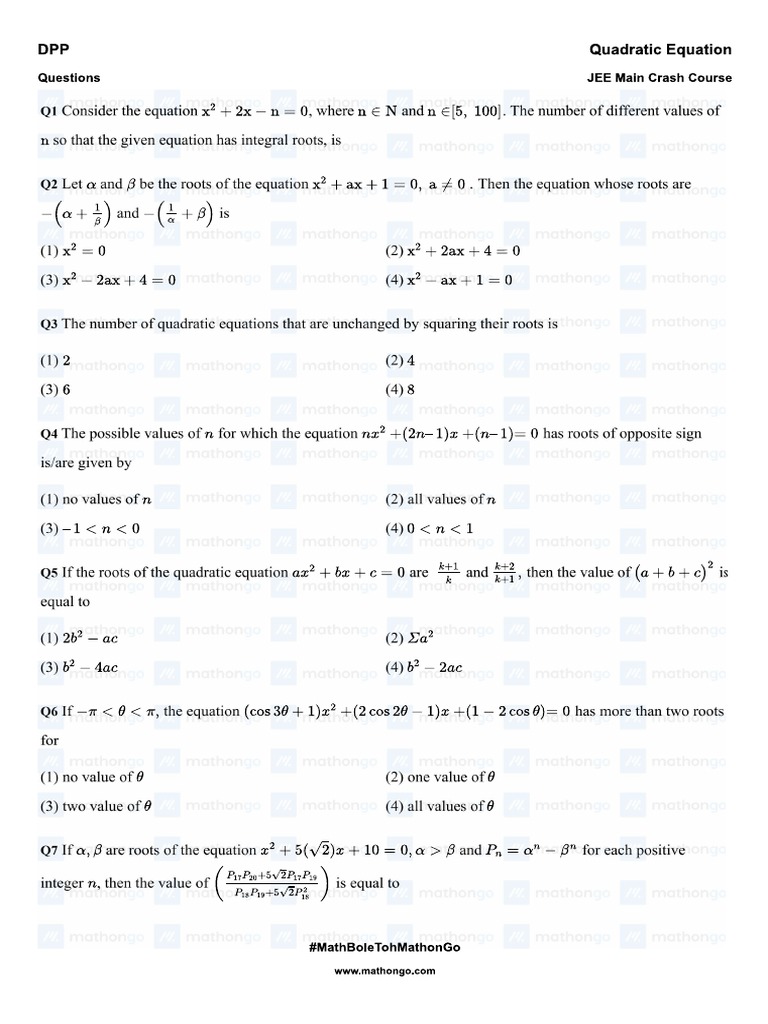 Quadratic Equation Questions | PDF