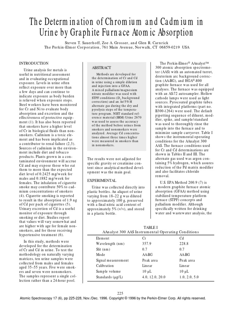 Determination of Chromium and Cadmium in Urine by Graphite Furnace ...