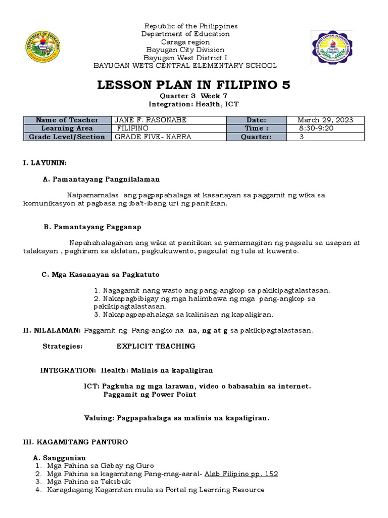 LESSON PLAN IN FILIPINO 5 Straight Teaching | PDF