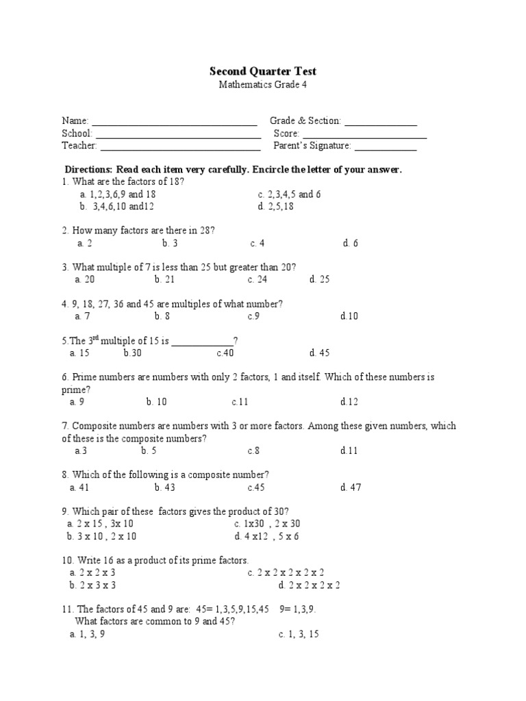 Grade 4 2nd Quarter Test in Math | PDF