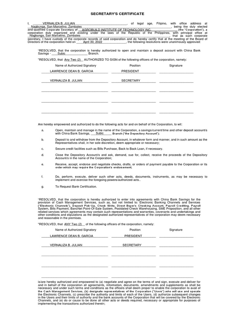 Secretary's Certificate With CMS | PDF | Business