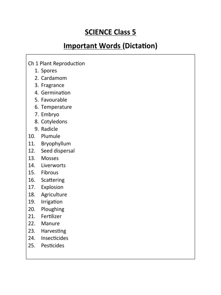 SCIENCE Class 5 Important Words (Dictation) | PDF