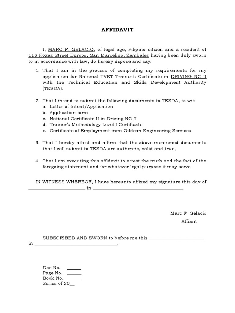 TESDA Trainer Certification Affidavit | PDF