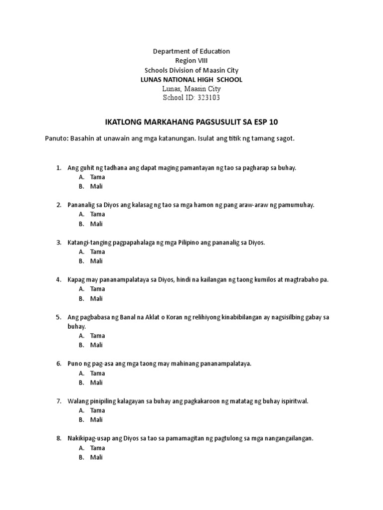 ESP 10 3rd Quater Exam | PDF