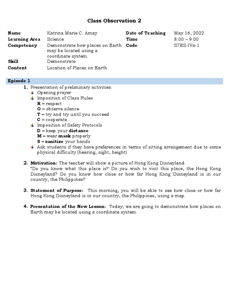 Lesson Plan TMDI CO1: Locating Places Using Coordinate System | PDF ...