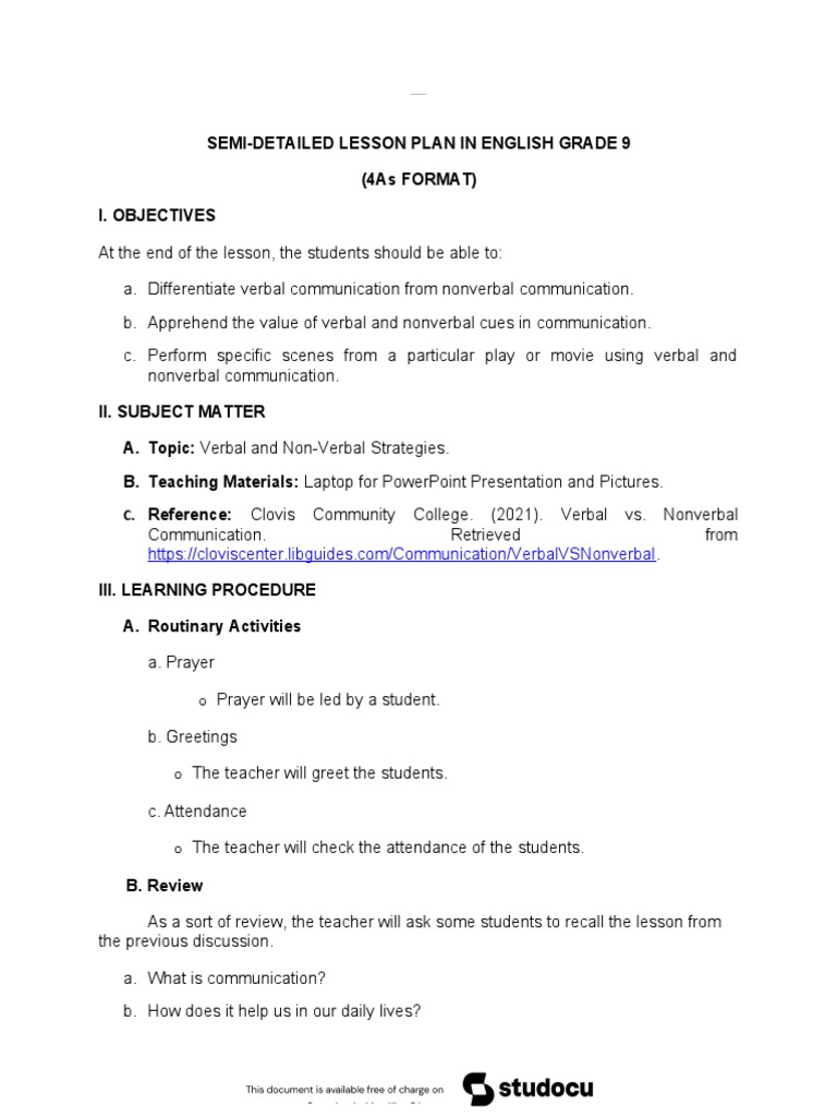 4as Semi Detailed Lesson Plan English 9 | PDF | Nonverbal Communication ...