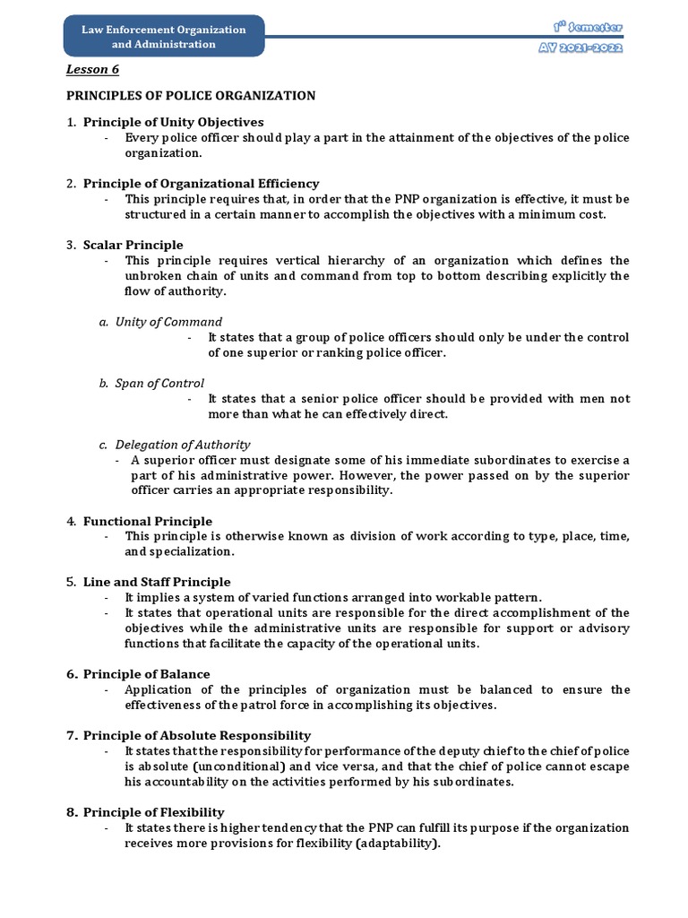 Principles of Police Organization: Lesson 6 | PDF | Social Science