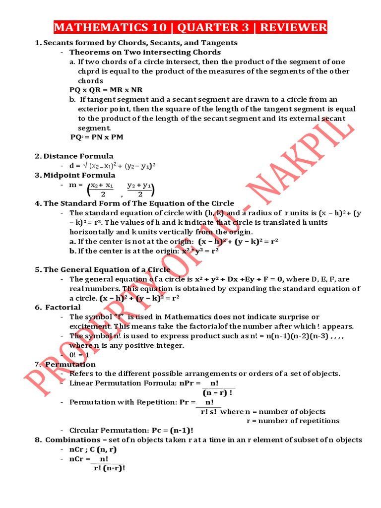 MATHEMATICS 10 REVIEWER | PDF