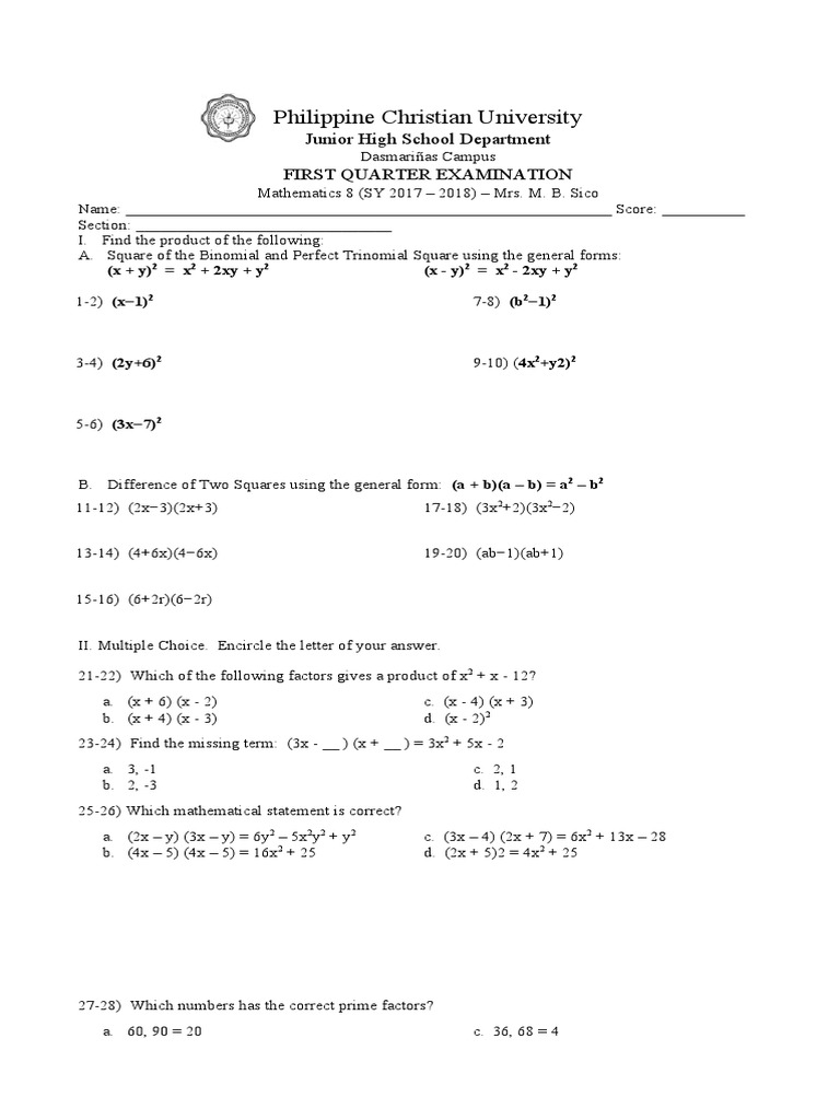 Math8 1st QTR Exam 2017 2018 | PDF