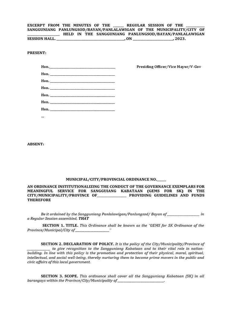DRAFT ORDINANCE - GEMS For SK | PDF | Government | Governance