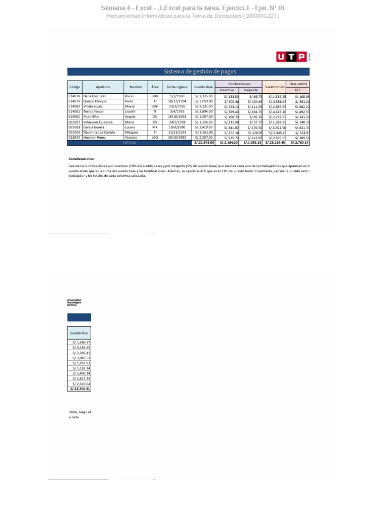 Semana 4 Excel 1excel para La Tarea Ejercici1 Ejer N 01 - Compress | PDF