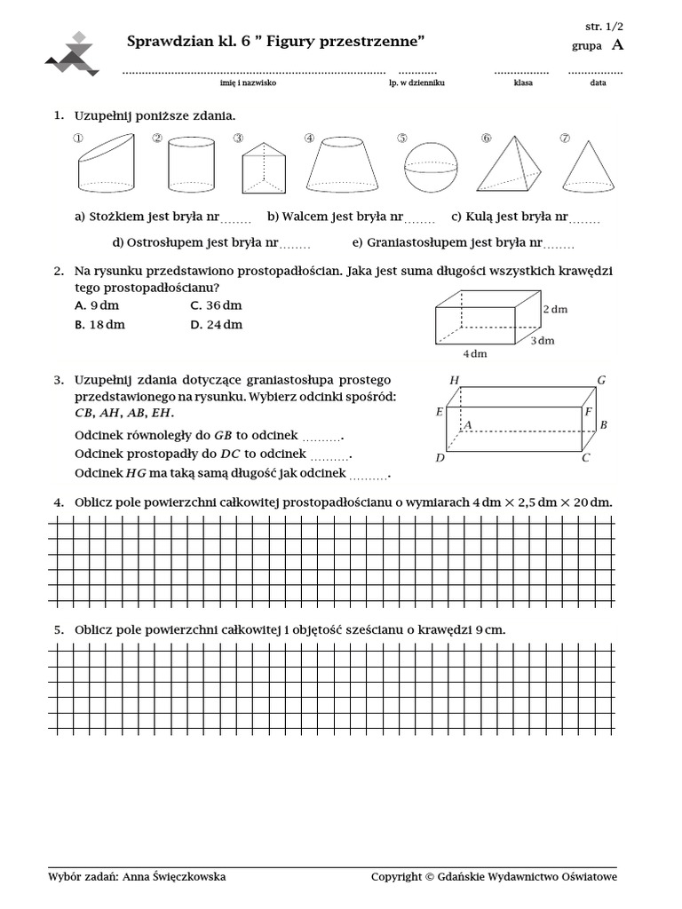Sprawdzian kl6 Figury Przestrzenne 24.05 | PDF